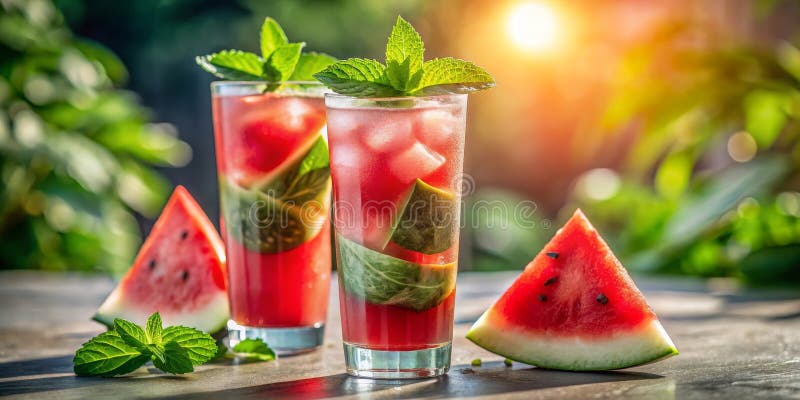 Refreshing Watermelon Mint Iced Drinks in Summer Sunlight. Generative AI Stock Illustration ...
