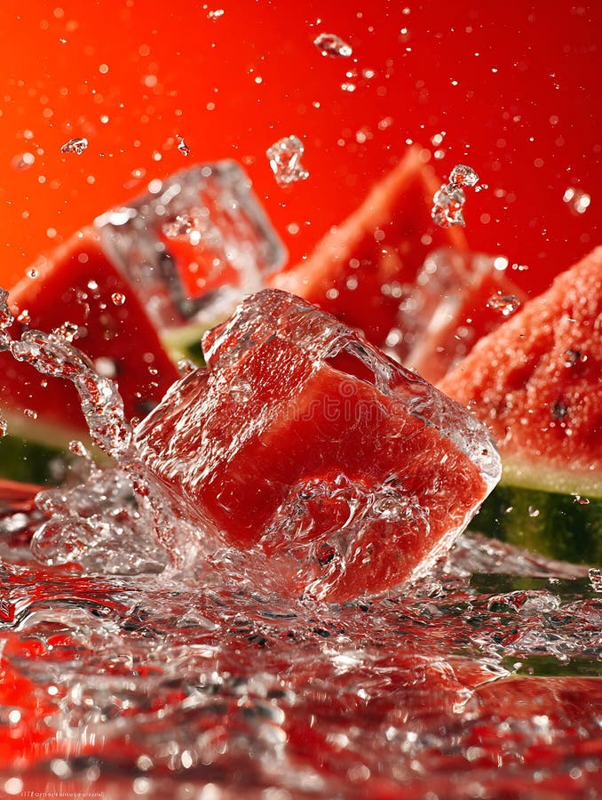 Refreshing Watermelon Splash Close Up of Juicy Watermelon Cubes in Water Stock Illustration ...