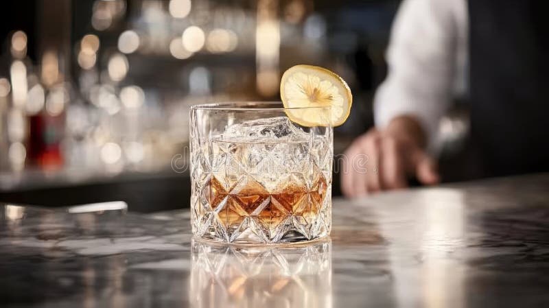 Refreshing Whiskey Cocktail with Lemon Wedge on Marble Bar Surface ...
