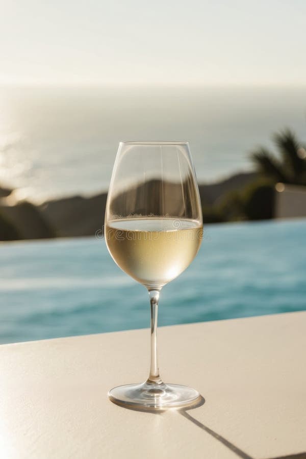 Refreshing White Wine by the Pool with an Ocean View in Daylight. Stock ...