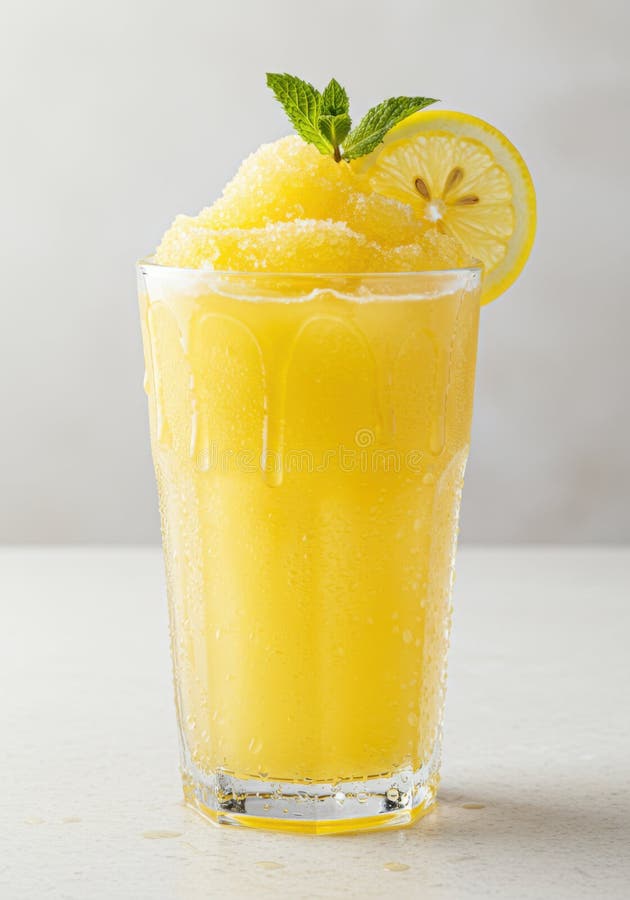Refreshing Yellow Lemon Slush in Glass with Mint Garnish Stock ...