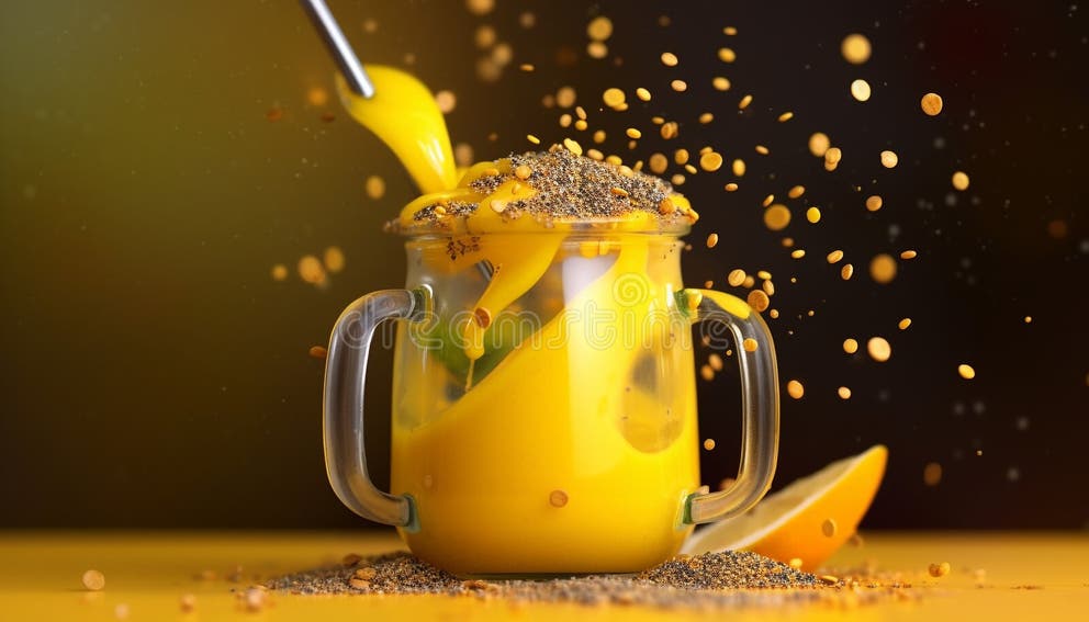 Refreshing Yellow Liquid in Glass, Ice Cold and Bubbly Generated by AI ...