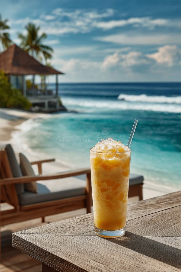 Refreshing Yellow Tropical Drink on Beach Table Stock Illustration ...