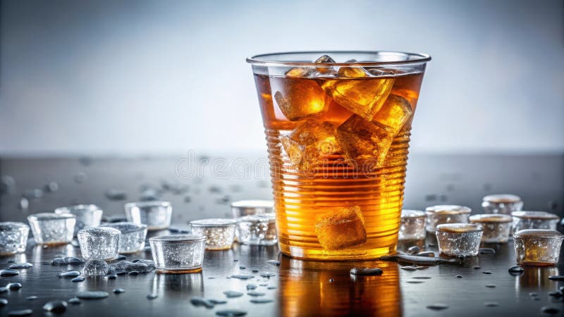 Refreshingly Cold Iced Beverage in Plastic Cup with Melting Ice Cubes ...