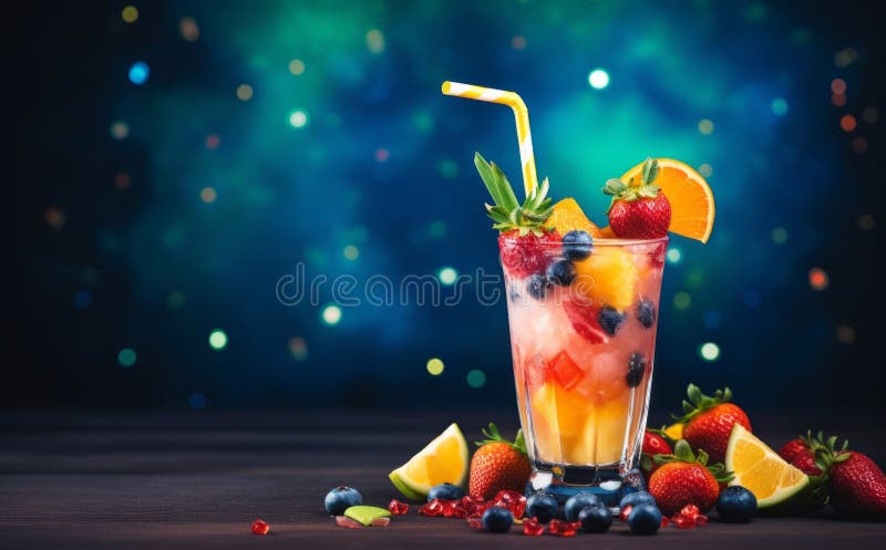 Refreshment Multicolor Fruit Cocktail with Ice, Lemon and Mint in a Bar ...