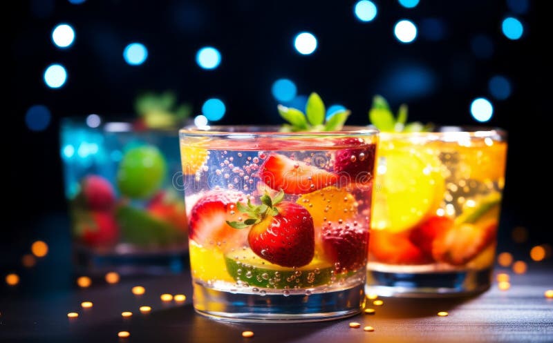 Refreshment Multicolor Fruit Cocktail with Ice, Lemon and Mint in a Bar ...