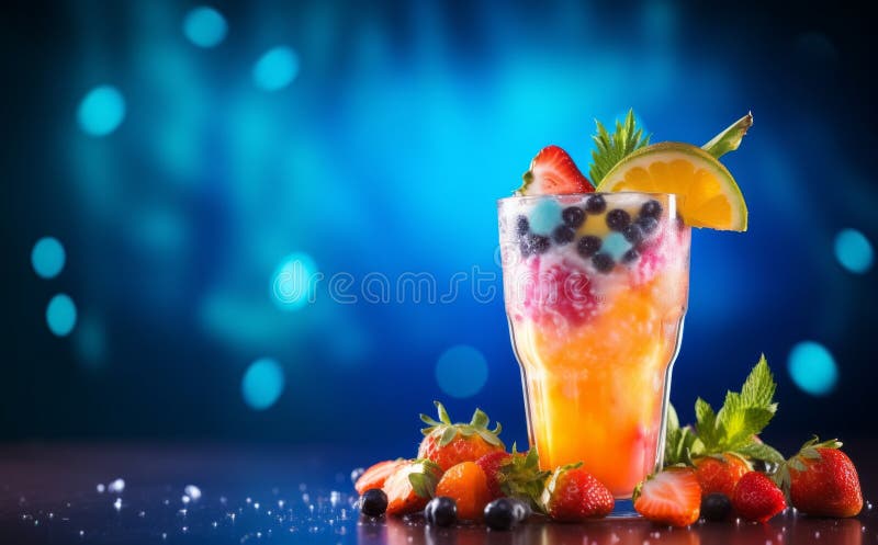 Refreshment Multicolor Fruit Cocktail with Ice, Lemon and Mint in a Bar ...