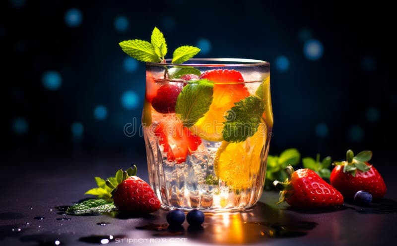 Refreshment Multicolor Fruit Cocktail with Ice, Lemon and Mint in a Bar ...