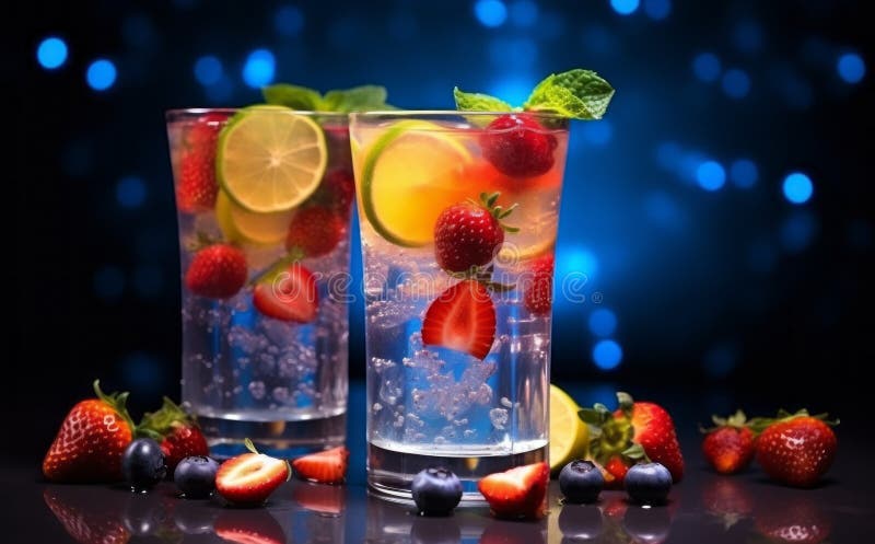 Refreshment Multicolor Fruit Cocktail with Ice, Lemon and Mint in a Bar ...