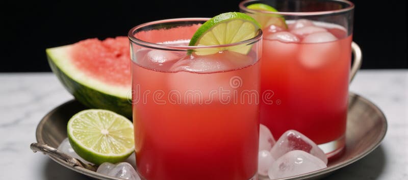 Refreshment Tray Featuring Watermelon Cocktails Served in Red Glasses ...