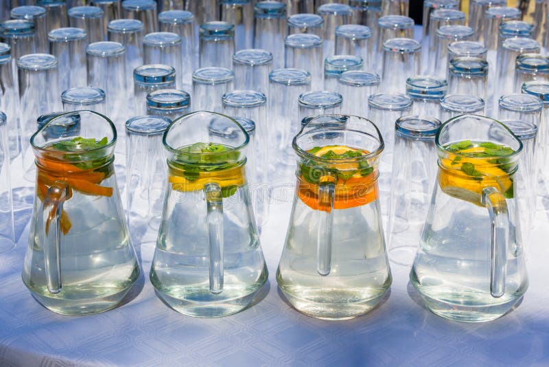 Refreshments Drinks Water Jugs Stock Photo - Image of weddings, drinks ...