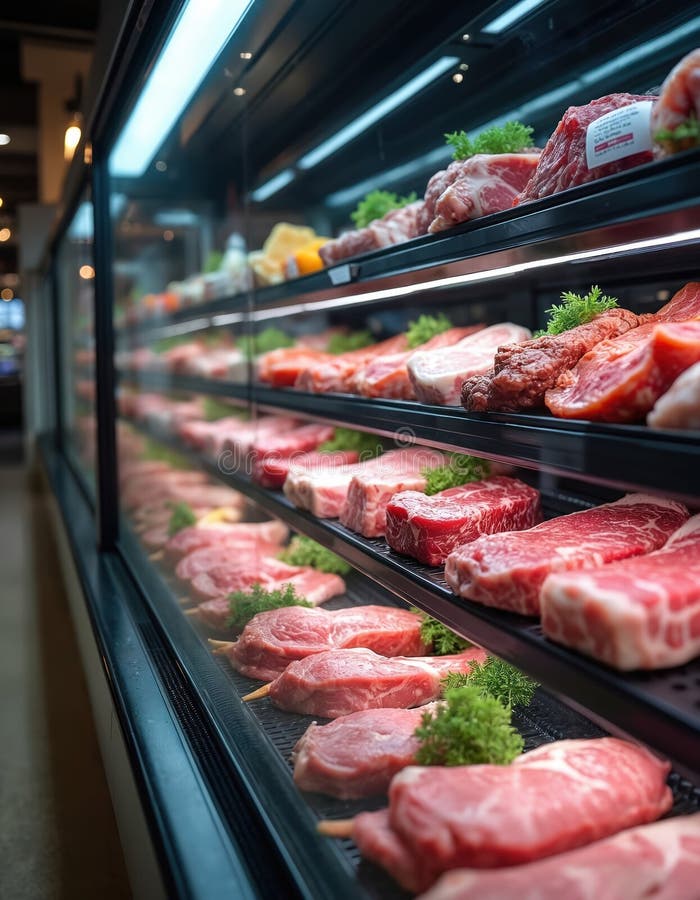 Refrigerated Display Case Assorted Fresh Meat Cuts in Modern Grocery ...