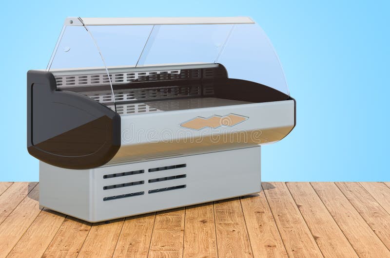 Refrigerated Display Case on the Wooden Planks, 3D Rendering Stock ...