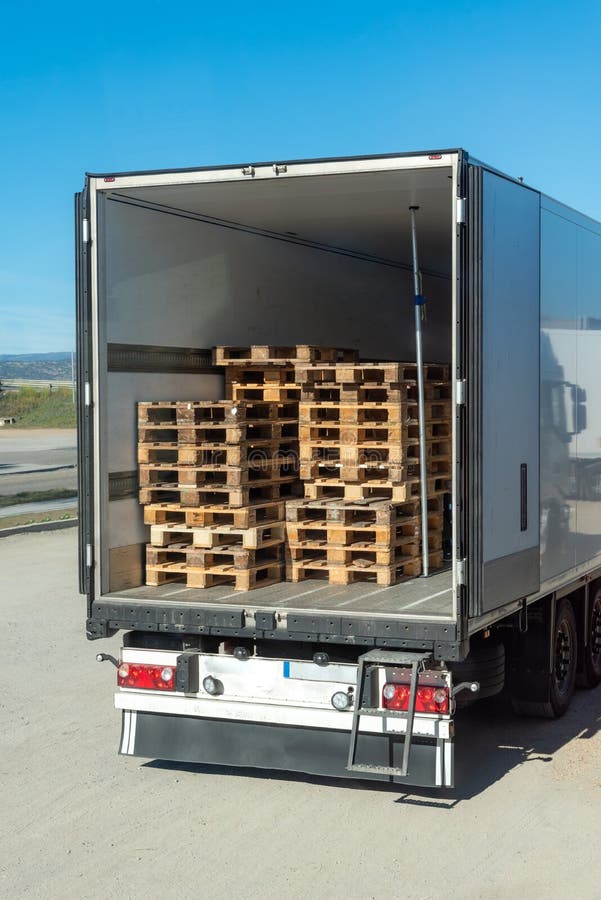 Refrigerated Semi-trailer with Open Doors and Empty Euro Pallets Inside ...