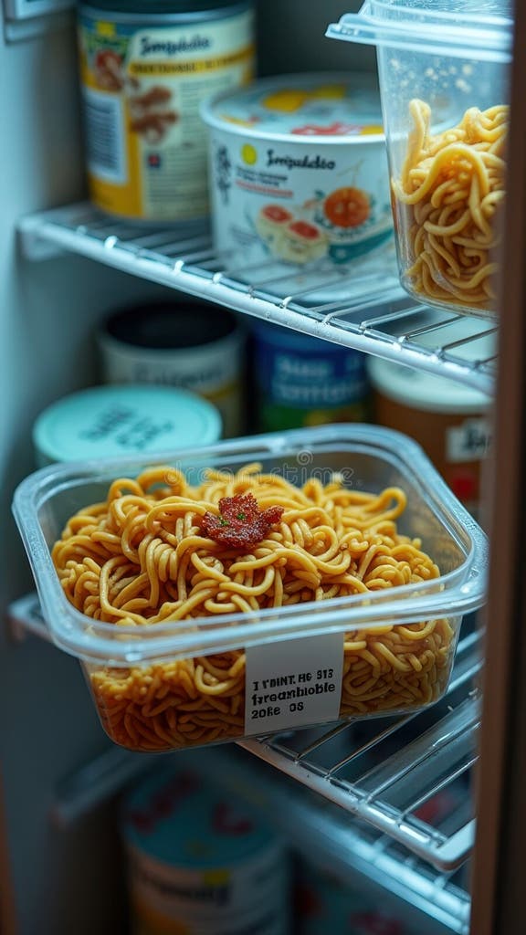 Refrigerated Spaghetti Leftovers in Plastic Container on Fridge Shelf ...