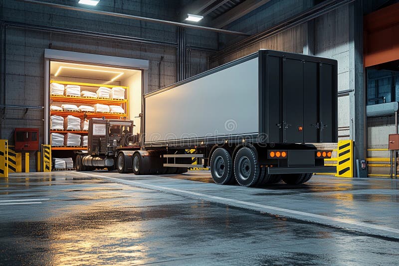 Refrigerated Truck Efficiently Unloading Goods at a Modern Warehouse ...