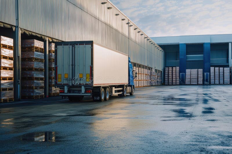Refrigerated Truck Parked at Distribution Center with Pallets Visible ...