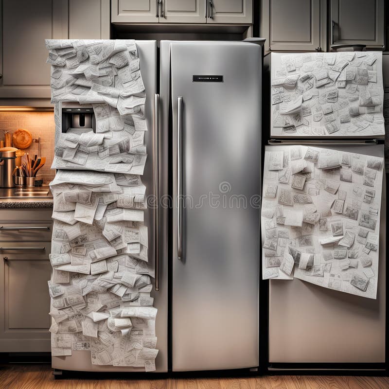 Refrigerator Covered in Papers in a Kitchen. Generative AI. Stock Image ...