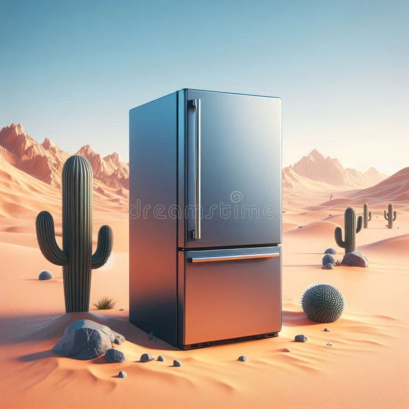 Refrigerator in the Desert among Cacti. Stock Image - Image of surreal ...