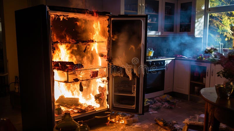 A Refrigerator in a Fire Caused by a Malfunction in an Electrician ...