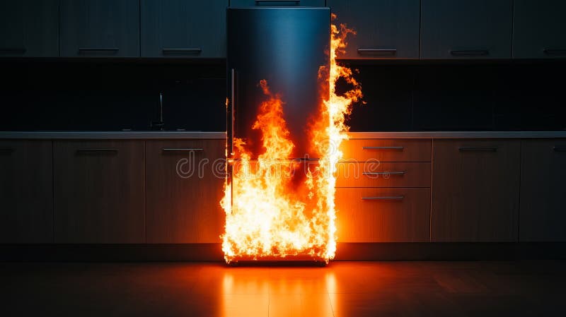 A Refrigerator on Fire in a Dark Kitchen Stock Photo - Image of burn ...