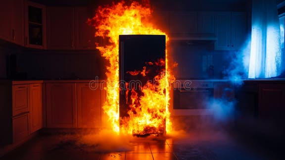 A Refrigerator on Fire in a Dark Kitchen Stock Image - Image of rising ...