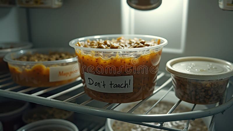 Refrigerator Food Warning: Labeled Container on Shelf Stock Photo ...
