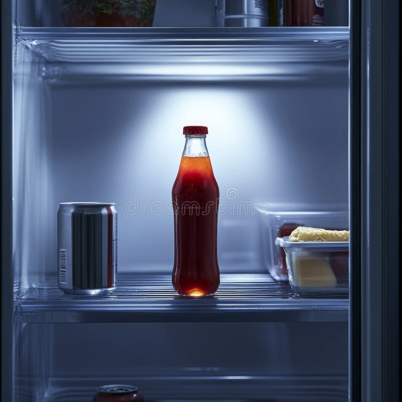 Refrigerator Interior with Beverage Bottle and Food Items Under Soft ...