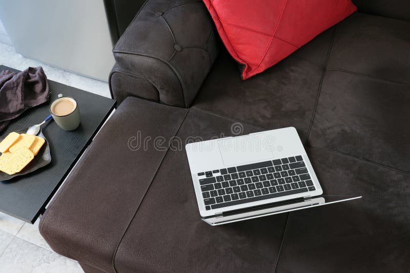 Refrigerator, Leather Sofa with Red Pillows and Laptop Stock Image ...
