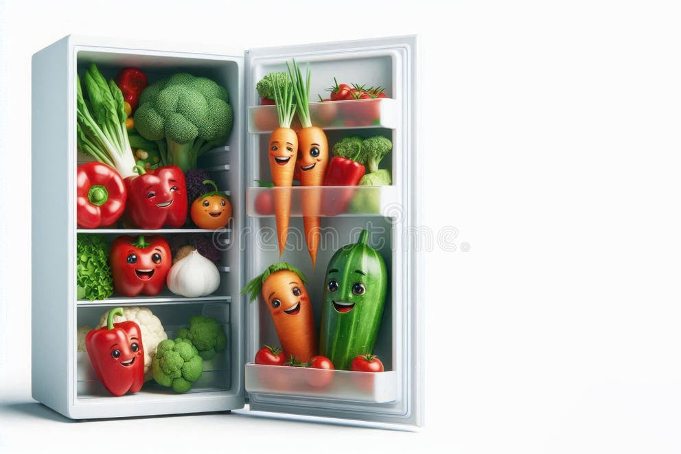 Refrigerator with Live Vegetables with Faces. Space for Text. Stock ...