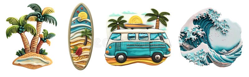 Refrigerator Magnets Decoration Set. Surf, Beach, Vacation, Tropical ...