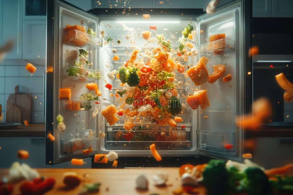 A Refrigerator is Open and the Contents are Falling Out Stock Photo ...