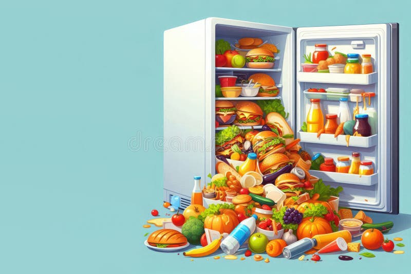 The Refrigerator is Overflowing with Food. Space for Text. Stock Photo ...
