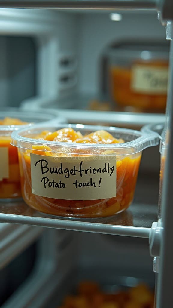 Refrigerator Shelf with Labeled Containers of Budget-friendly Potato ...