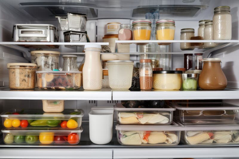 Refrigerator with Various Containers and Labels To Store Food in an ...