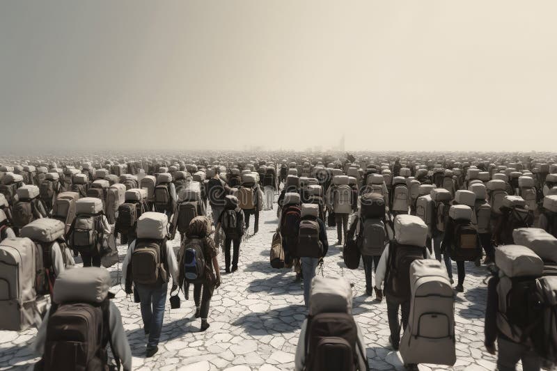 Refugee Crisis. a Group of People with Backpacks Walking Down a Street ...