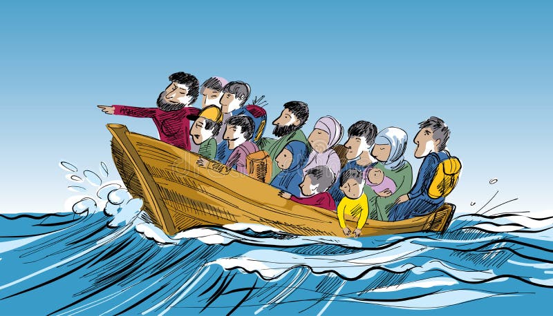 Refugees In A Boat In The Middle Of The Sea. Stock Vector - Image: 66882519