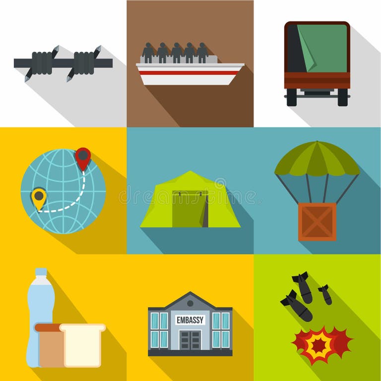 Refugees Icons Set, Flat Style Stock Vector - Illustration of crisis, illegal: 84877683