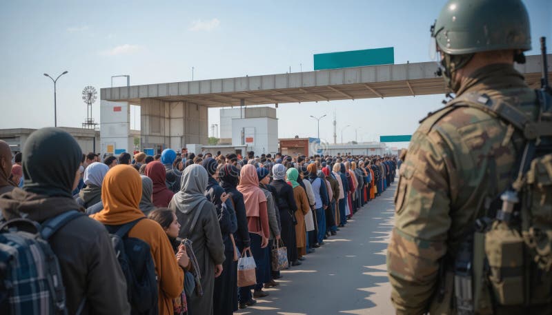 Refugees in Line at Border Checkpoint with Armed Soldier, Migration ...