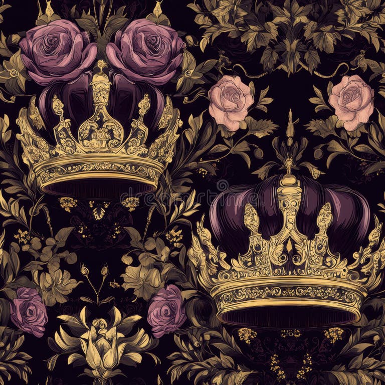 Regal Crowns and Roses Seamless Pattern on Dark Background Stock Image ...