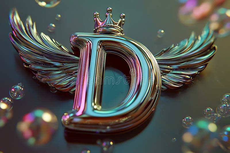 Regal 3D Render Golden Letter D with Wings and Crown, Iridescent ...