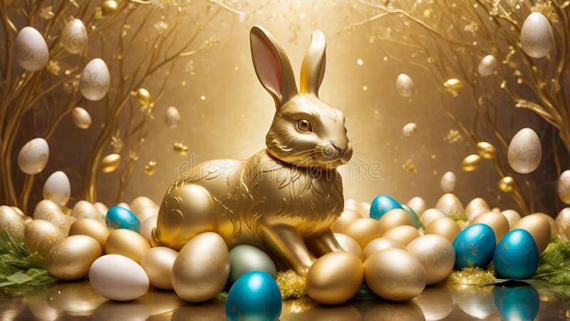 A Regal Golden Bunny Surrounded by Easter Eggs Against a Backdrop of ...