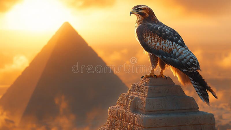 Regal Hawk Perched Atop Pyramid at Sunrise Representing Horus Stock ...