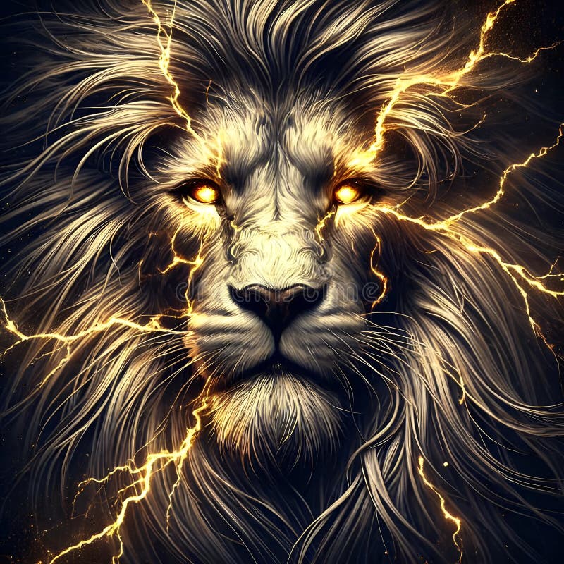 A Regal Lion Depicted with a Mane Intertwined with Lightning, Exuding ...