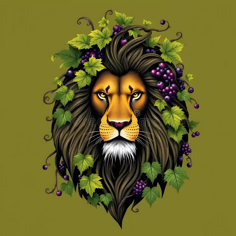 A Regal Lion Face Adorned with Grapes and Leaves Stock Illustration ...
