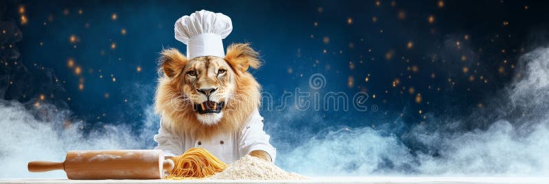 Majestic Lion Chef Baking a Regal Lion Wearing a Chefs Hat Prepares ...