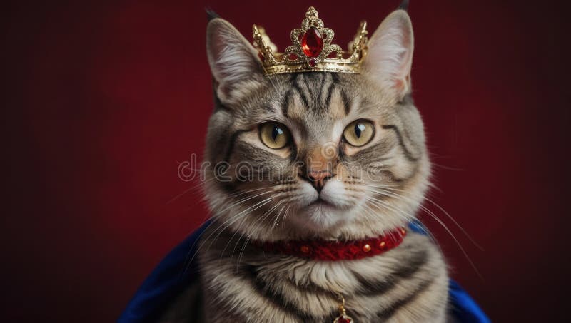 Regal-looking Cat Dressed in a Crown and Cape, Sitting Upright and ...