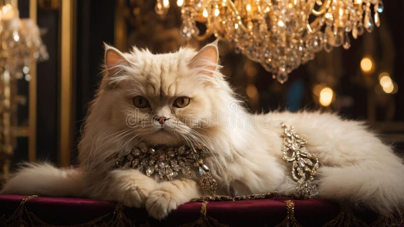 Regal Cream Persian Cat Wearing Diamond Necklace, Luxurious Pet ...