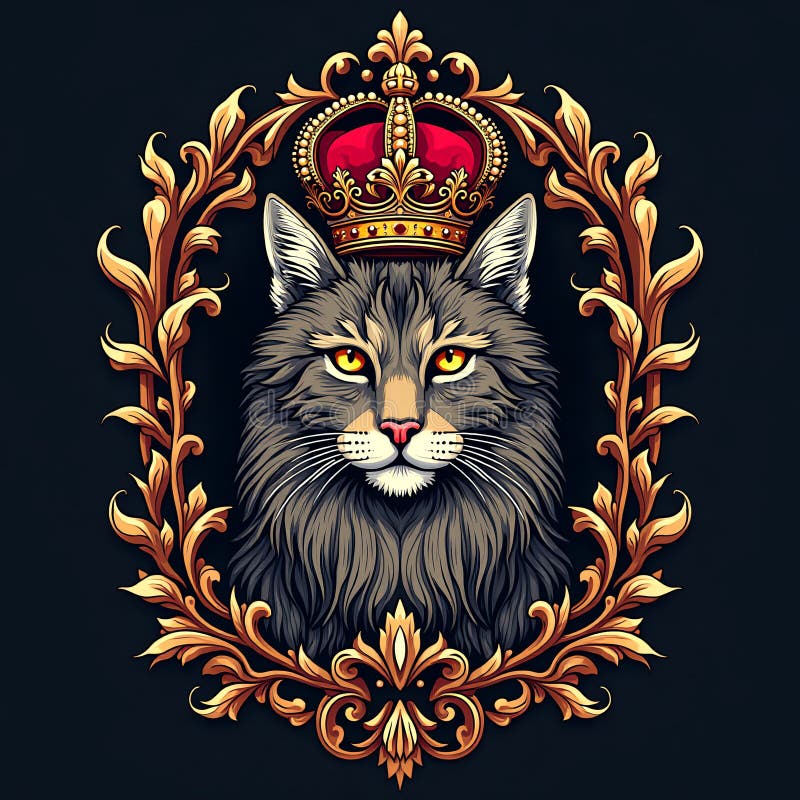 Regal Maine Coon Cat Portrait with Crown in Classical Frame Stock ...