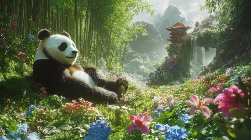 A Regal Panda Bear in a Dense Bamboo Forest As the Sun Rises. Stock ...